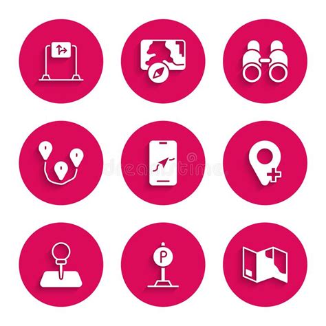 Set City Map Navigation Parking Folded Location Push Pin Route