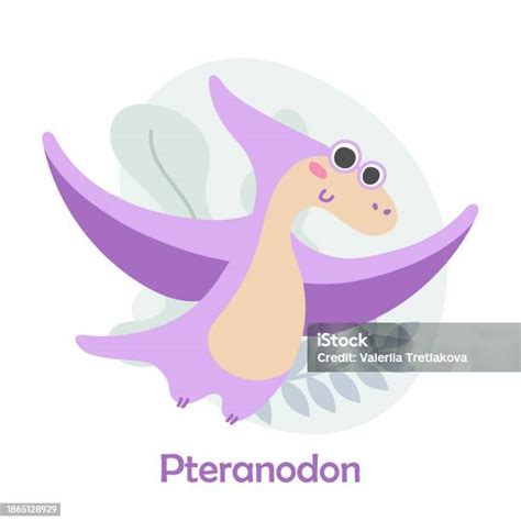 Cute Purple Dino Pteranodon With Blue Leaves Isolated On White Vector