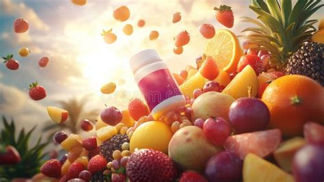 Colorful Assortment Of Fresh Fruits Surrounding A Dietary Supplement