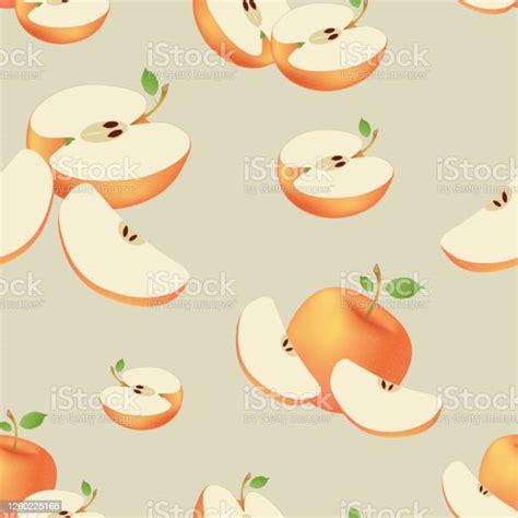 베이지 색 배경에 벡터 사과 원활한 패턴 전체 절반 및 분기 직물 포장 냅킨 다양한 배경에 인쇄용 0명에 대한 스톡 벡터 아트 및 기타 이미지 Istock