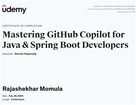 Completed Mastering Github Copilot For Java And Spring Boot Developers Course On Udemy