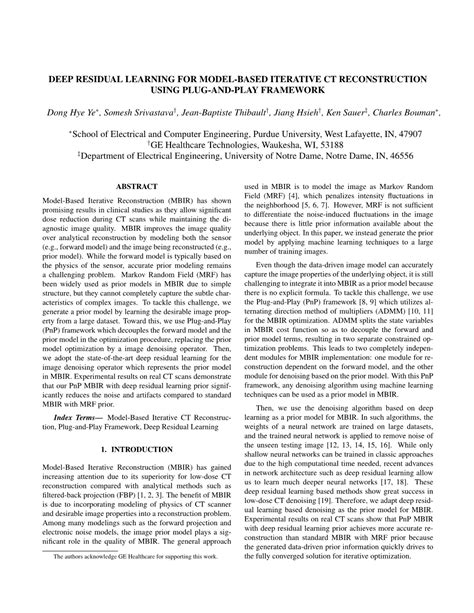 deep residual learning for model based iterative ct reconstruction using plug and play framework