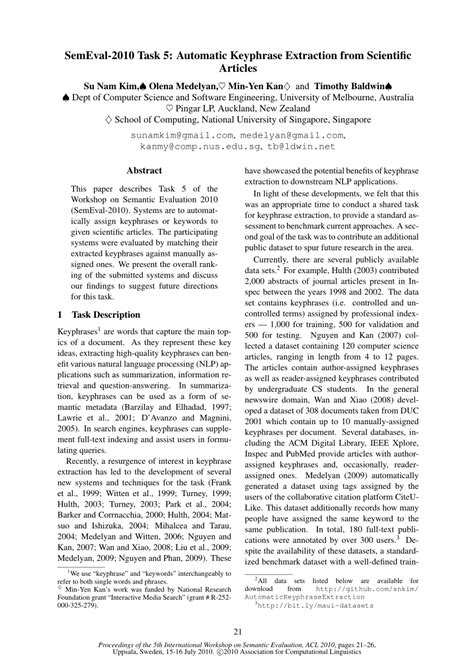 Pdf Semeval 2010 Task 5 Automatic Keyphrase Extraction From Scientific Articles