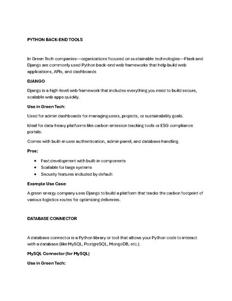 Python Tools For Green Tech Django And Database Connectors Studocu