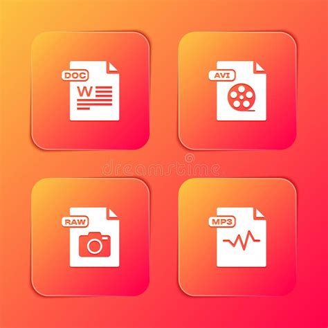 Set DOC File Document AVI RAW And MP Icon Vector Stock Illustration Illustration Of