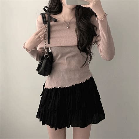 발레코어set 리본 오프숄더 언발 물결 티셔츠 And 프릴 캉캉 미니 스커트 치마바지 투피스 코디세트 에이블리