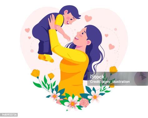 아기와 놀고 있는 행복한 젊은 어머니 엄마는 아기 아들을 들어 올리고 있습니다 어머니의 날 일러스트 가족에 대한 스톡 벡터 아트 및 기타 이미지 Istock