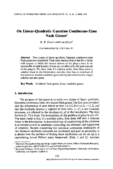 Pdf On Linear Quadratic Gaussian Continuous Time Nash Games