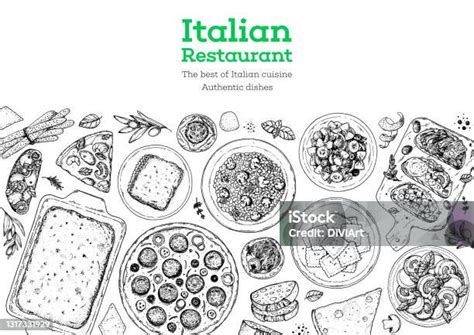이탈리아 요리 메뉴 맨 위 보기입니다 스케치 일러스트레이션 이탈리아 음식 디자인 템플릿입니다 손으로 그린 그림 흑백 각인 된