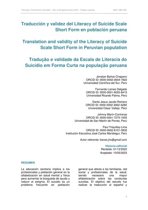 Pdf Traducción Y Validez Del Literacy Of Suicide Scale Short Form En Población Peruana