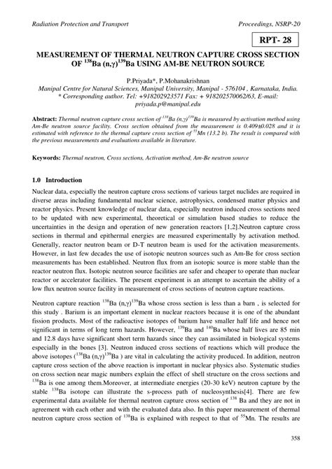 Pdf Measurement Of Thermal Neutron Capture Cross Section Of 138ba Nγ139ba Using Am Be