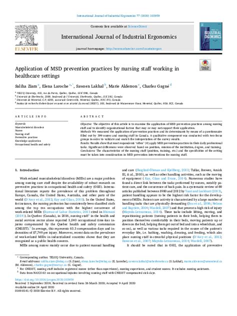 Pdf Application Of Msd Prevention Practices By Nursing Staff Working In Healthcare Settings
