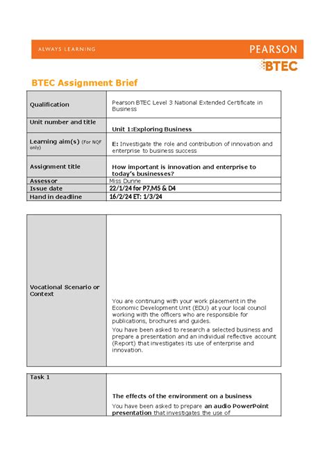 Authorised Assignment Brief For Unit 1 Ass 3 Btec Assignment Brief Qualification Pearson Btec