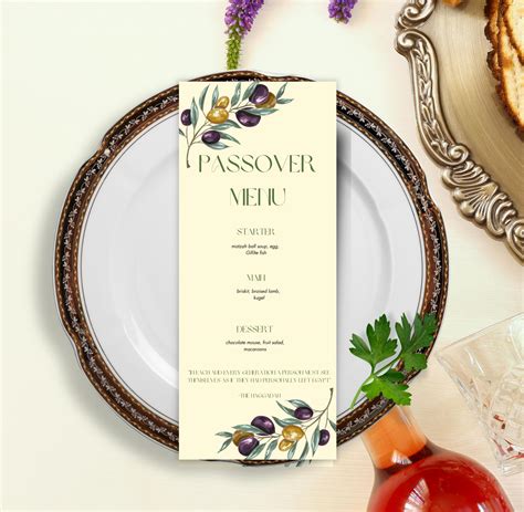Printable Passover Seder Menu Template Olive Branch Passover Dinner Menu Digital Download