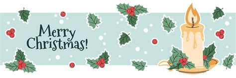 Christmas Horizontal Banner With A Christmas Candle And Holly Branches