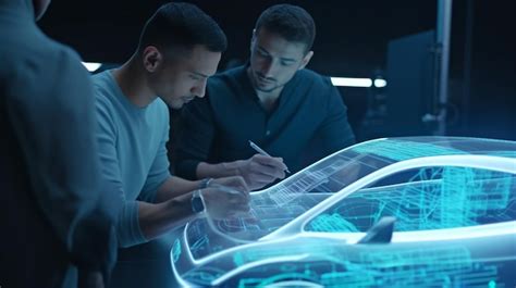 Premium Ai Image Engineers Working On Automobile Design Are Using A Holographic Tablet App