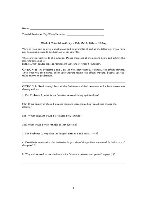 W6 Tutorial Handout Tutorial Week 6 Handout Name Tutorial Section
