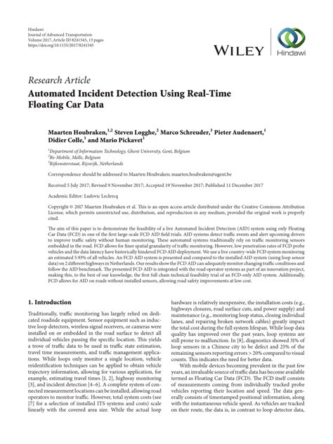 Pdf Automated Incident Detection Using Real Time Floating Car Data