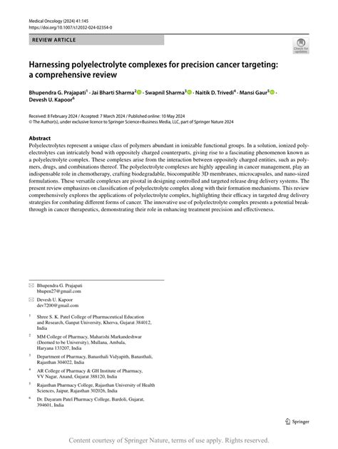 Harnessing Polyelectrolyte Complexes For Precision Cancer Targeting A Comprehensive Review