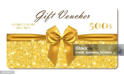 빈 선물 카드 와 호화스러운 장식적인 공단 금색 리본 활 반짝임 그리고 백색 배경에 고립된 텍스트 선물 바우처 카드 인증서