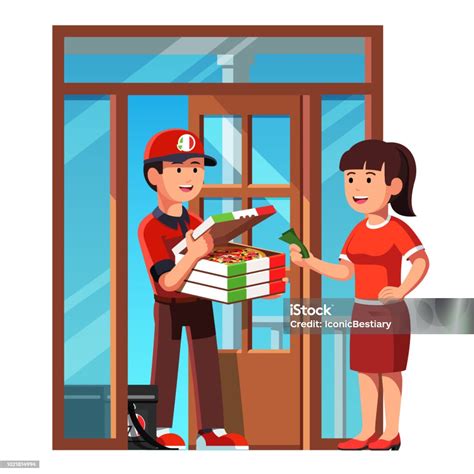 택배 보 맛 있는 테이크 아웃 피자 집 앞에 골 판지 상자를 나눠 주고 여자 배달에 대 한 지불 돈입니다 피자 배달 서비스입니다