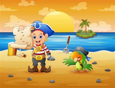 지도로 보물을 찾는 귀여운 만화 해적과 앵무새 프리미엄 벡터