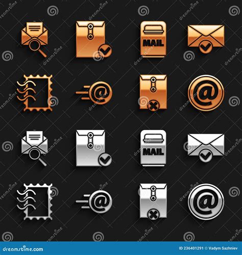 Set Mail And E Mail Envelope Check Mark Delete Envelope Postal Stamp Box With Magnifying