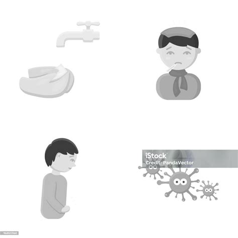 물으로 수돗물 세척 그들의 손 얼음 스카프에 그의 머리에 뜨거운물 병 환자 남자는 복 부 통증 바이러스 미생물 흑백 스타일 벡터 기호 재고 일러스트 웹에 아픈 집합된 컬렉션