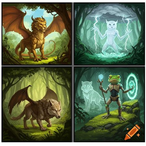 Four Square Illustrations Of Magical Creatures In A Forest Top Left A
