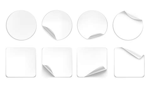 벡터 현실적인 원형 및 사각형 스티커 Curled 가장자리와 그림자는 투명 배경에 고립되어 있습니다 디자인을위한 접착 스티커의 모형 레이블 가격표 템플릿 0명에 대한 스톡