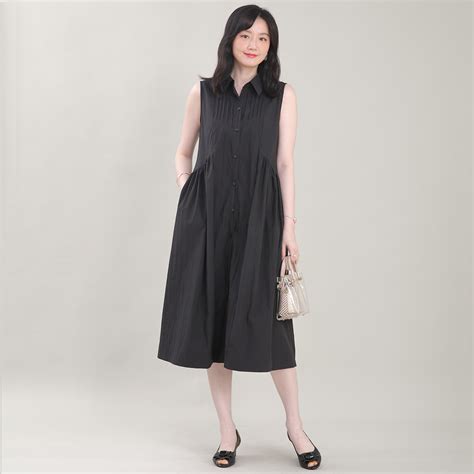 퀸잇 핀턱 카라 셔링 허리주름 여성 여름 민소매 나시 롱 셔츠 원피스 K08432