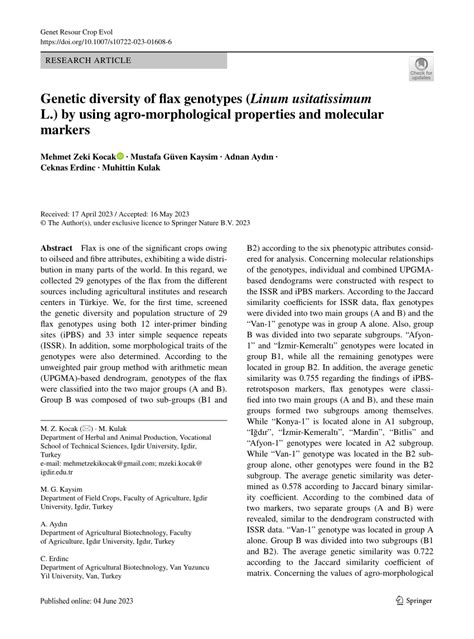Pdf Genetic Diversity Of Flax Genotypes Linum Usitatissimum L By