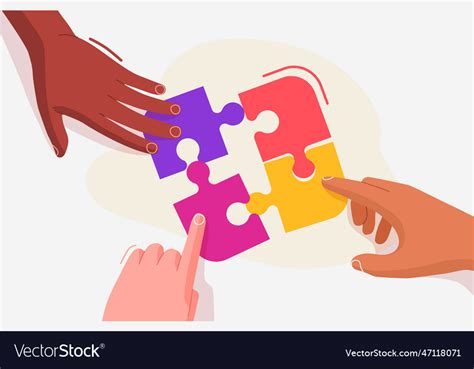 Human Hands Solve Jigsaw Puzzle Concept Of Team Vector Image