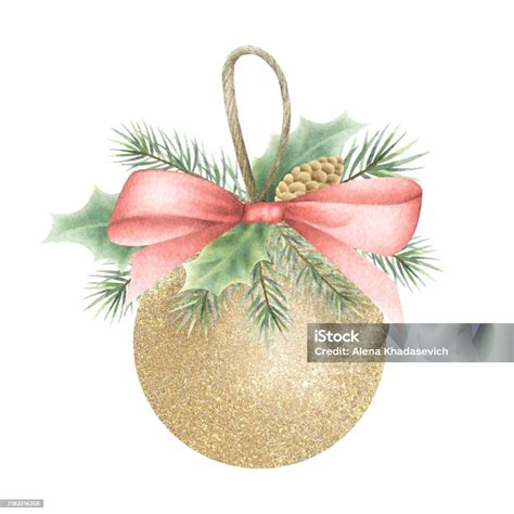 전나무 가지와 빨간 활과 크리스마스 황금 나무 공 손으로 그린 수채화 고립 된 그림입니다 새해 복 많이 받으세요 인사말 카드 템플릿 스티커 축제 포장 및 디자인에 대한 구성