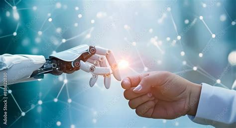 Ai Machine Learning Hand Of Robot And Hand Of Human Touching On Big Data Network Connection
