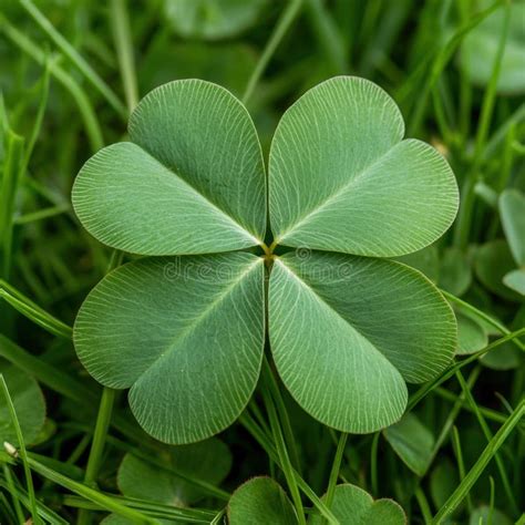 Close Up Of A Green Four Leaf Clover In Grass Stock Illustration