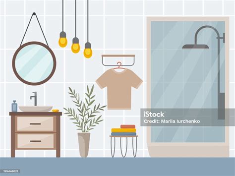 샤워실 거울 세면대가 있는 현대적인 욕실 인테리어 액세서리 샴푸 샤워젤 비누 화분 선반 수건이 있는 스툴 욕실 조명 플랫 스타일의 벡터 그림입니다 가구에 대한 스톡 벡터