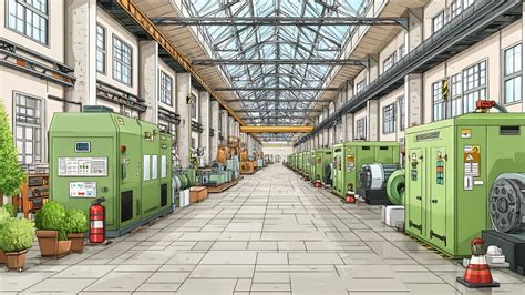 Long Industrial Factory Interior With Green Machinery And Bright
