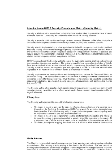 Introduction To Hitsp Security Foundations Matrix Security Matrix