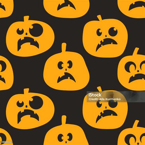 검은 색 배경에 빛나는 할로윈 호박의 매끄러운 패턴 무섭고 재미있는 얼굴 귀여운 호박 이나 유령 벡터 가을 휴일 일러스트레이션 10월에 대한 스톡 벡터 아트 및 기타 이미지