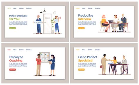 Hr 기관 방문 페이지 벡터 템플릿 집합입니다 플랫 일러스트와 고용 서비스 웹 사이트 인터페이스 아이디어 직원 모집 홈페이지 레이아웃 구직 웹 배너 웹 페이지 만화 개념