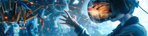 A Dramatic Portrayal Of A Programmer In Virtual Reality Gear Battling Against A Giant Bug In A