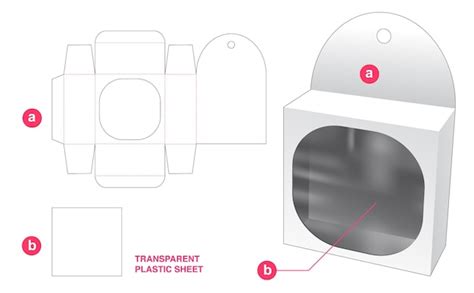 투명 플라스틱 시트 다이 컷 템플릿이 있는 사다리꼴 상자 및 타원 창 프리미엄 벡터