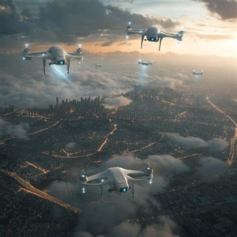 A Visual Of Autonomous Drones Conducting Surveillance Over A Large Area Premium Ai Generated Image