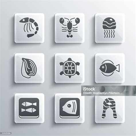 물고기 머리 스테이크 거북이 통조림 생선 홍합 새우 및 해파리 아이콘을 설정합니다 벡터 갑각류에 대한 스톡 벡터 아트 및 기타