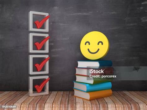 책과 미소 이모티콘과 함께 3d 체크 리스트 칠판 배경3d 렌더링 책에 대한 스톡 사진 및 기타 이미지 책 3차원 형태 검사 보기 Istock