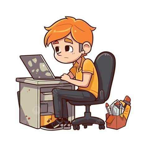 랩톱 컴퓨터 클립 아트 벡터 일러스트 레이 션에서 작업하는 책상에 앉아 일 중독 십대 인턴 상표 만화 Png 일러스트 및 벡터 에 대한 무료 다운로드 Pngtree