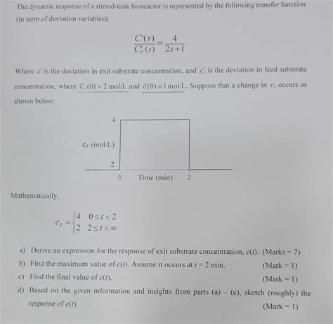 Solved The Dynamic Response Of A Stirred Tank Bioreactor Is