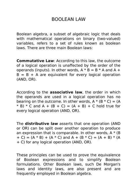 Boolean Law Assignments Boolean Law Boolean Algebra A Subset Of Algebraic Logic That Deals