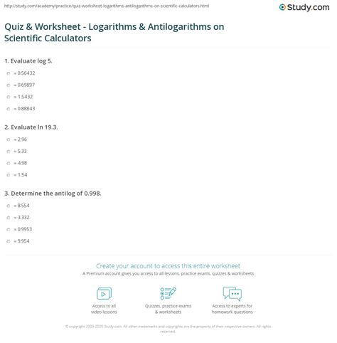 quiz and worksheet logarithms and antilogarithms on scientific